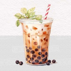 Watercolor Bubble Tea Clip Art Transparent Boba Tea PNG Popping Boba ...
