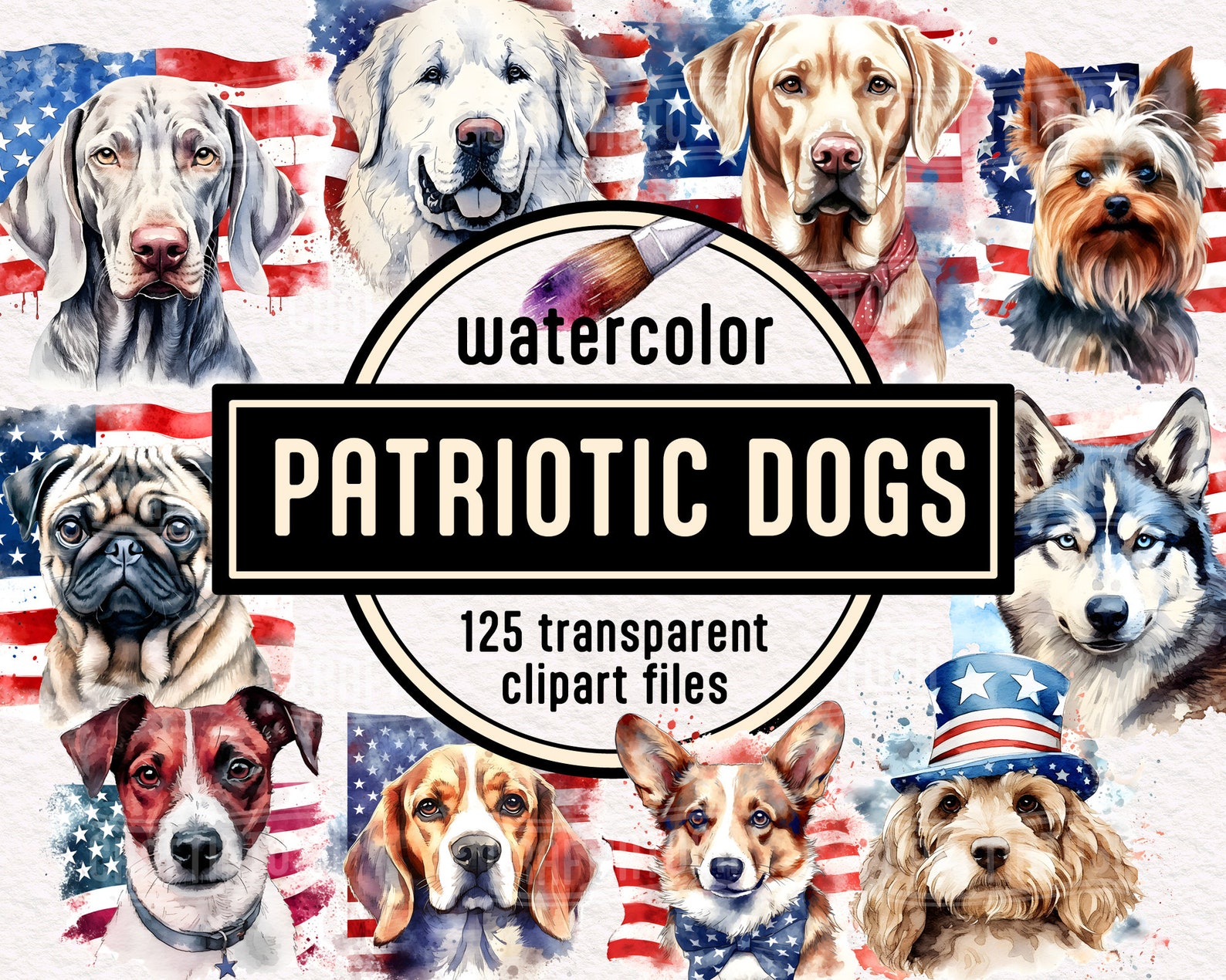 Patriotic Dogs 4th of July Watercolor Clipart - Cute Pet Portrait ...