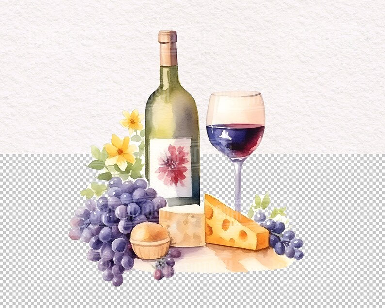 Watercolor Wine and Cheese Clipart Bundle - PNG Cheese Board Wine ...