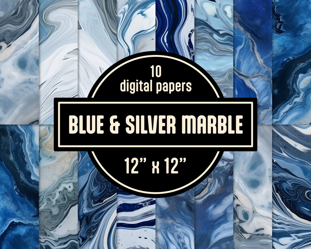 Blue and Silver Marble Digital Paper, Blue Marble Textures With Silver ...