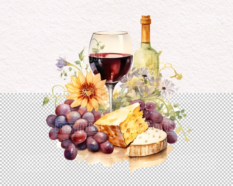 Watercolor Wine and Cheese Clipart Bundle - PNG Cheese Board Wine ...