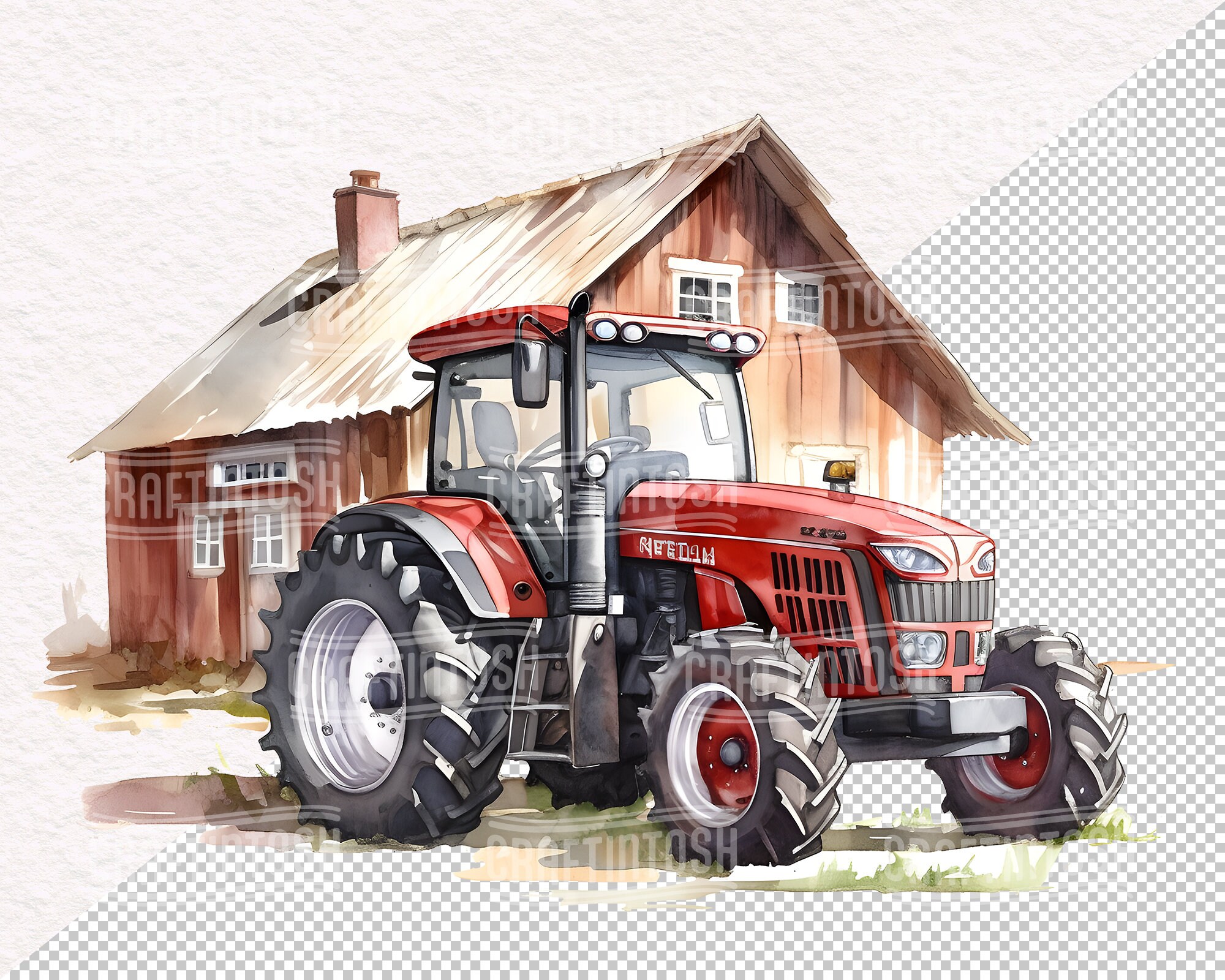 Watercolor Red Yellow Green Tractor Clipart PNG Set - Digital Graphics ...