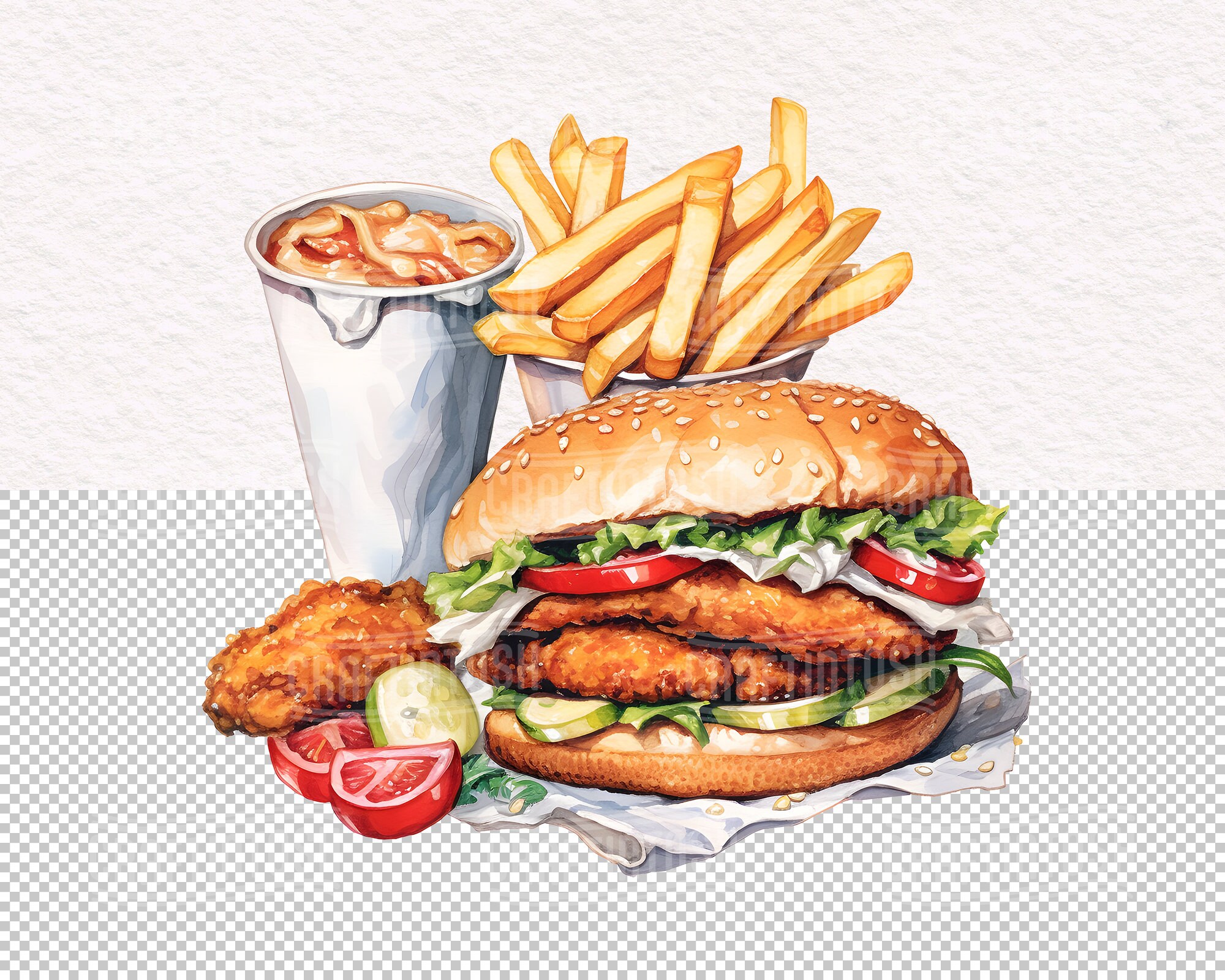 Watercolor Fast Food Clipart - Burger Clipart French Fries Potato Chips ...