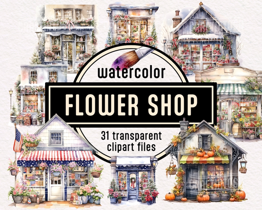 Watercolor Flower Shop Clip Art - Transparent Flower Shop PNG Instant ...