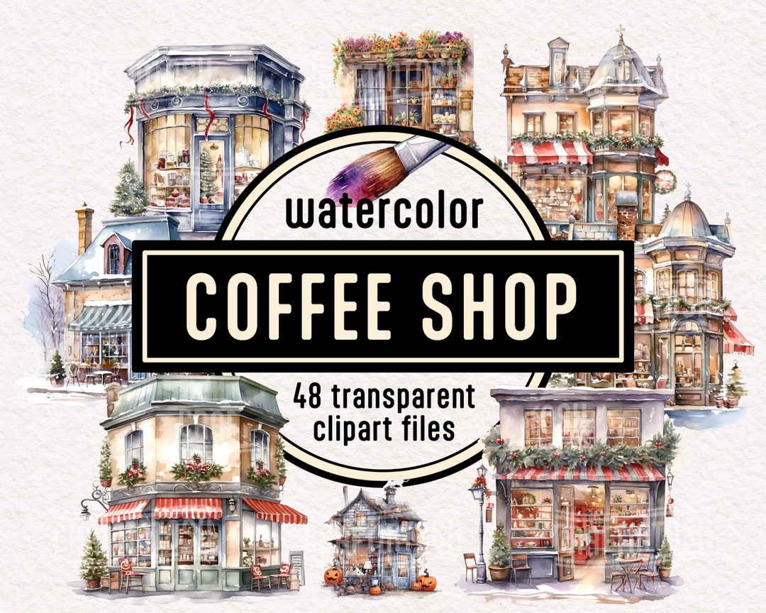 Watercolor Coffee Shop Clipart Bundle: Summer Winter Whimsical Cafe PNG ...