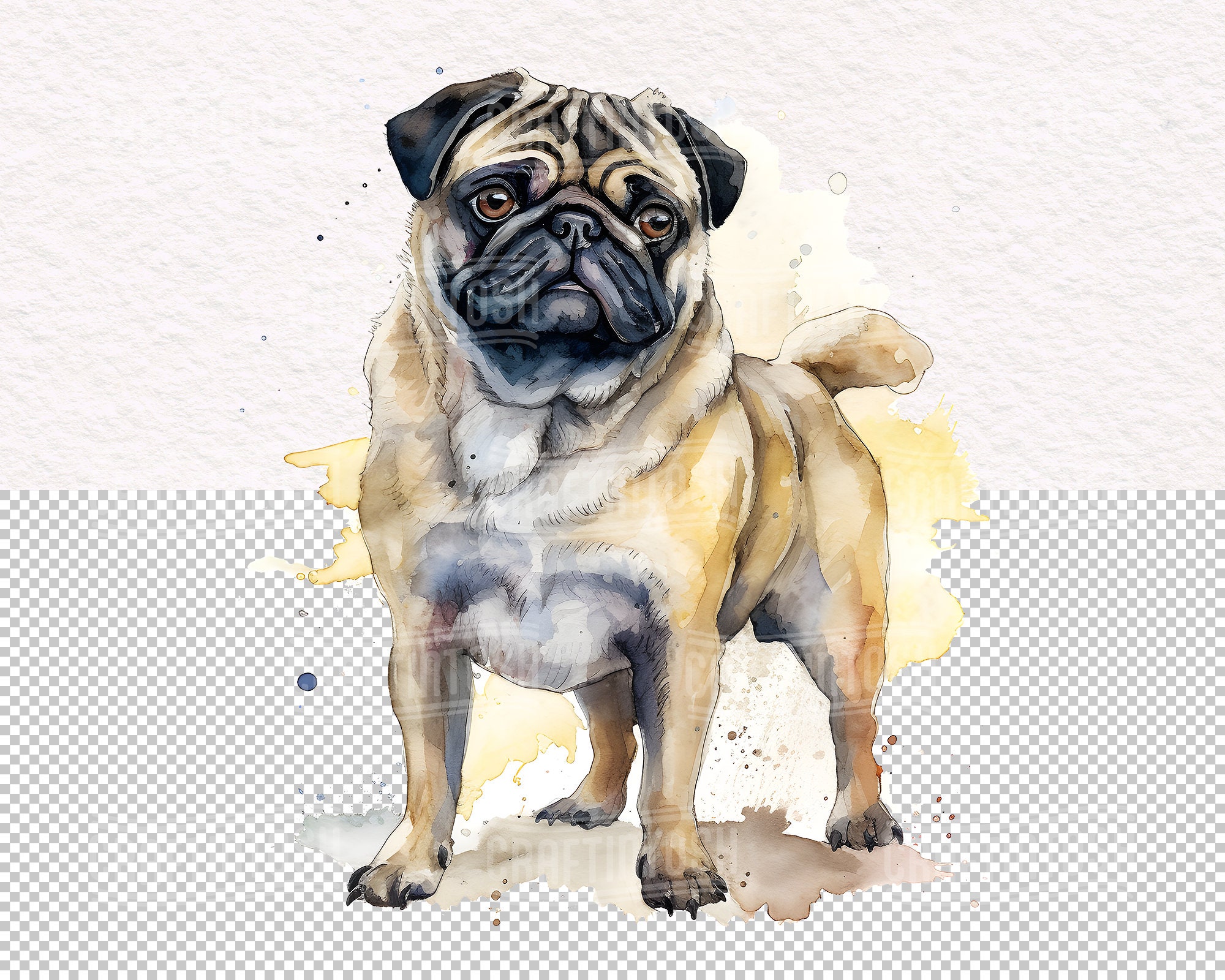 Watercolor Pug Dog and Puppies Clipart - Cute Pet Portrait Animal PNG ...