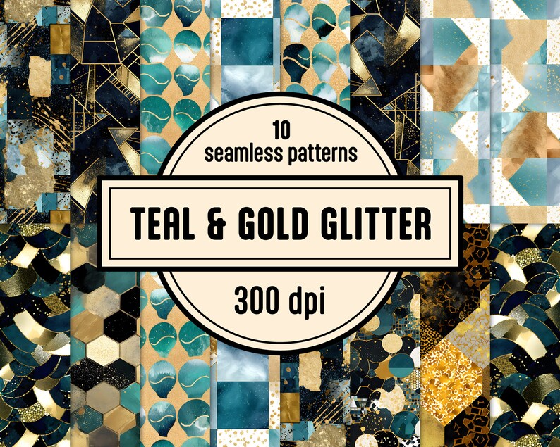 Teal & Gold Glitter Seamless Paterns - Digital Graphics Instant ...