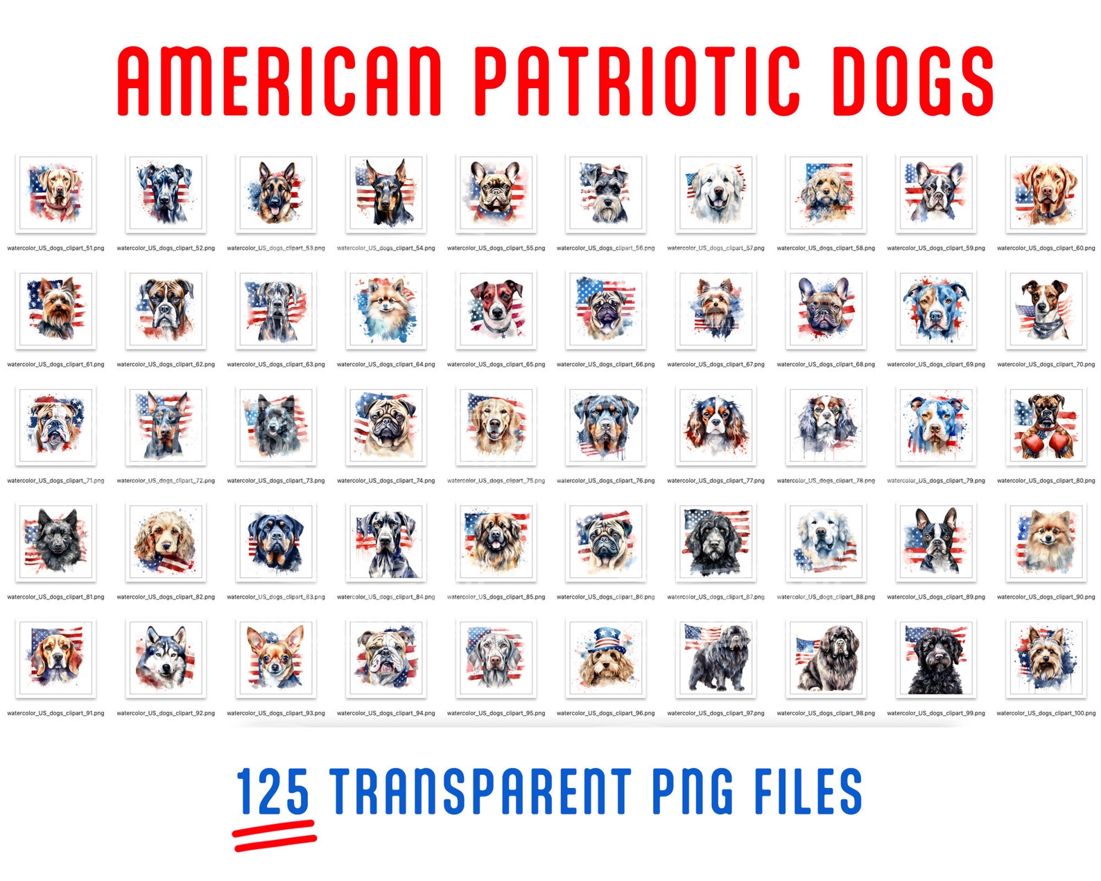 Patriotic Dogs 4th of July Watercolor Clipart - Cute Pet Portrait ...