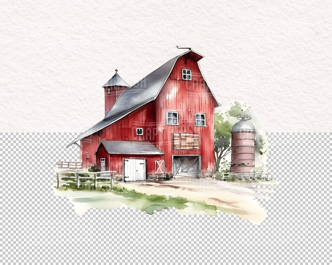 Red Farm Barn Clipart Watercolor Barn Traditional Farmers House ...