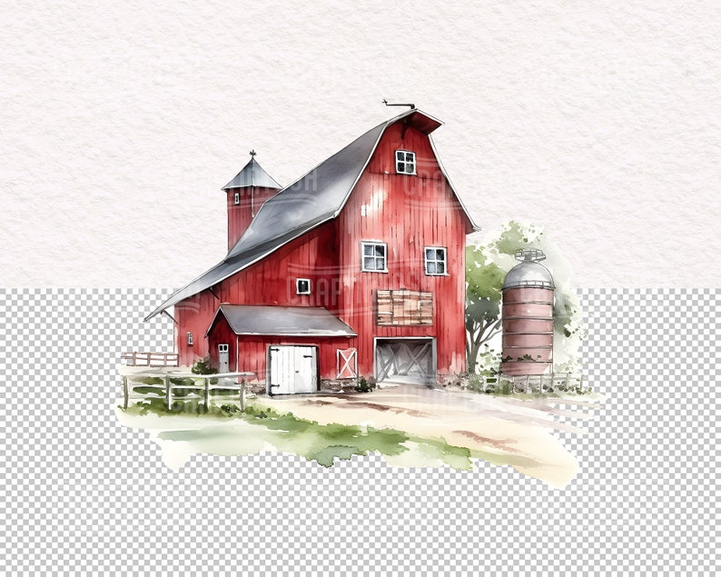 Red Farm Barn Clipart Watercolor Barn Traditional Farmers House ...