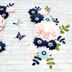 Navy, Light Blue and Pink Paper Flowers Wall Decor. Girl Nursery Blush ...
