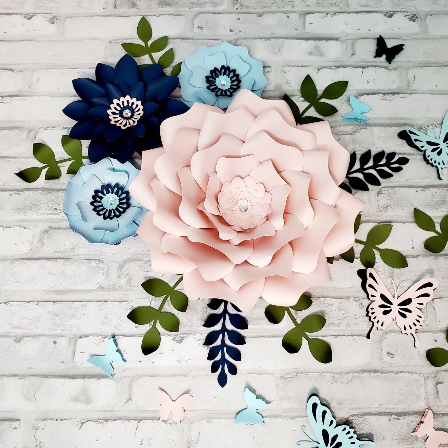 Eight Navy Blue and Pink Paper Flowers Wall Decor. Nursery - Etsy
