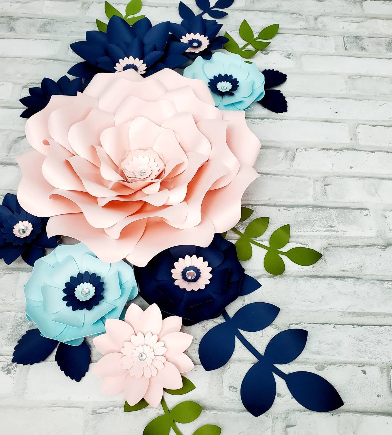Navy Light Blue and Pink Paper Flowers Wall Decor. Large | Etsy
