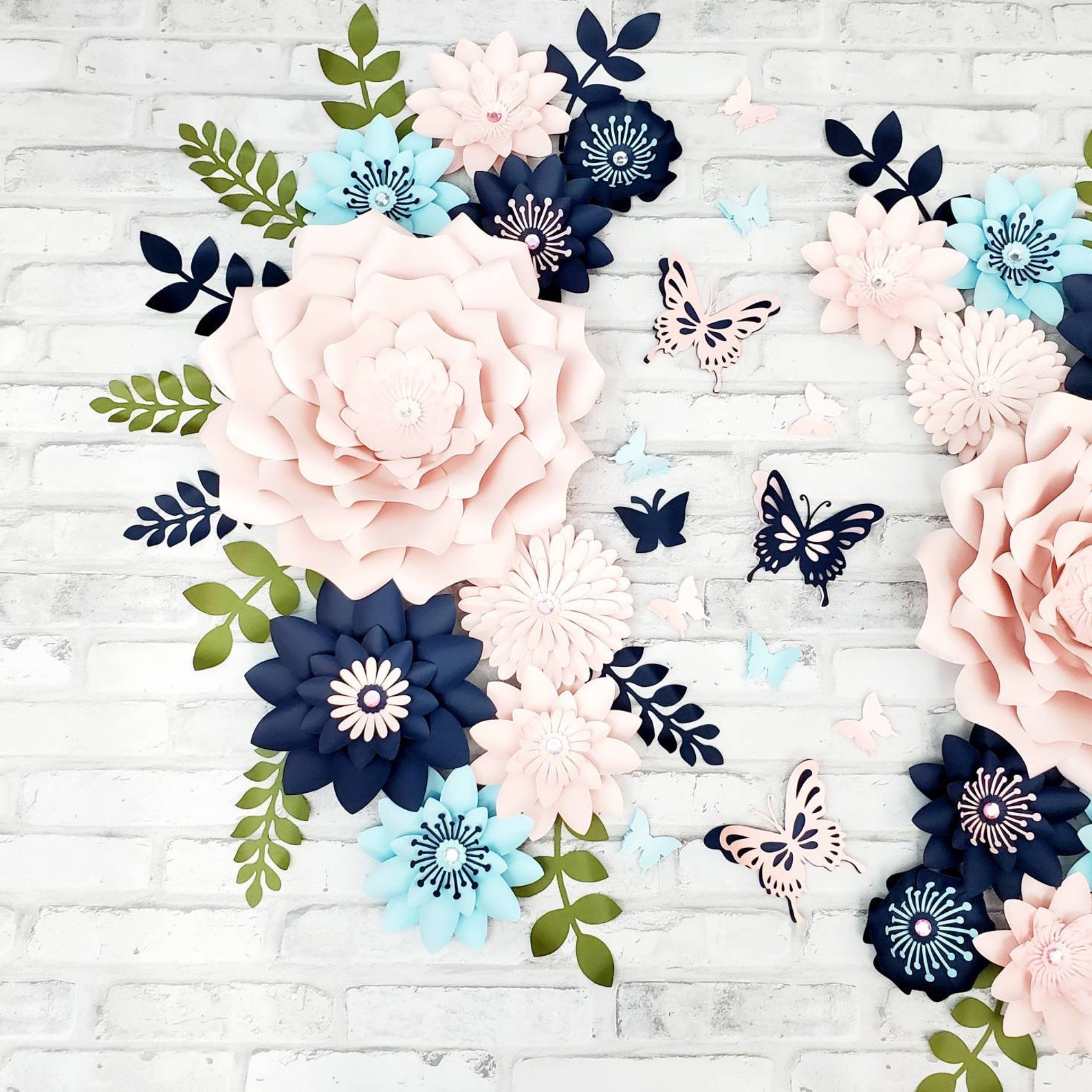Navy Light Blue and Pink Paper Flowers Wall Decor. Girl | Etsy