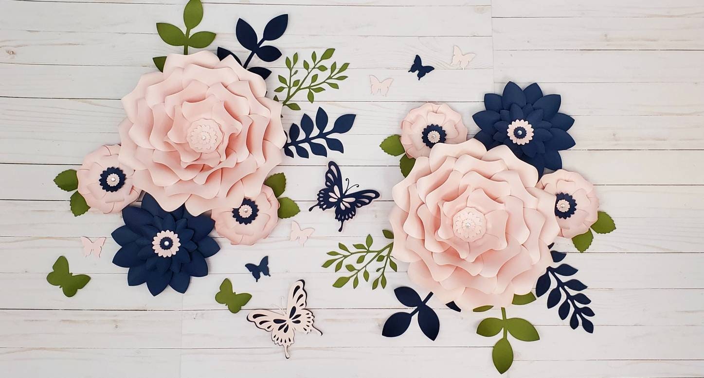 Eight Pink and Navy Flowers Wall Decor. Large Nursery Flowers. - Etsy