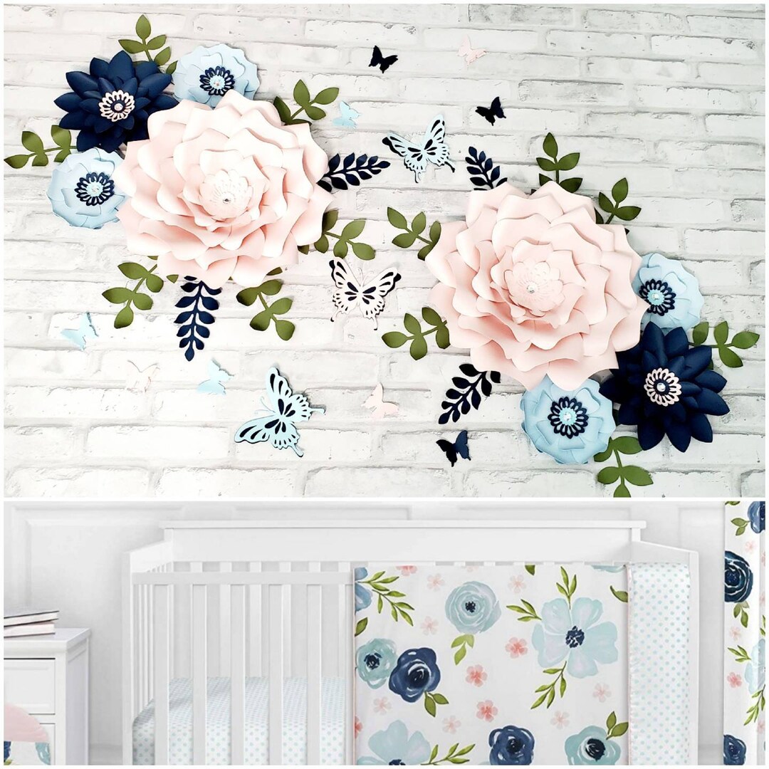 Eight Navy Blue and Pink Paper Flowers Wall Decor. Nursery - Etsy