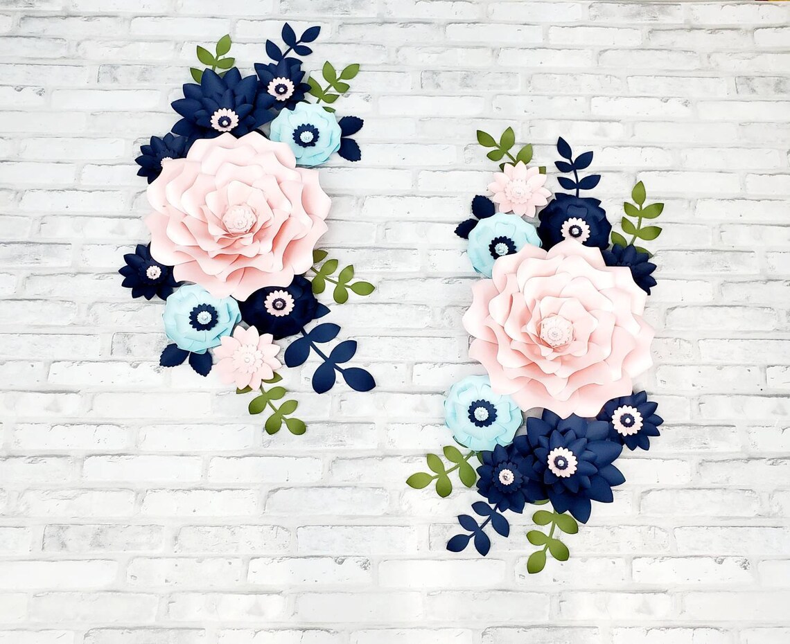 Navy Light Blue and Pink Paper Flowers Wall Decor. Large | Etsy