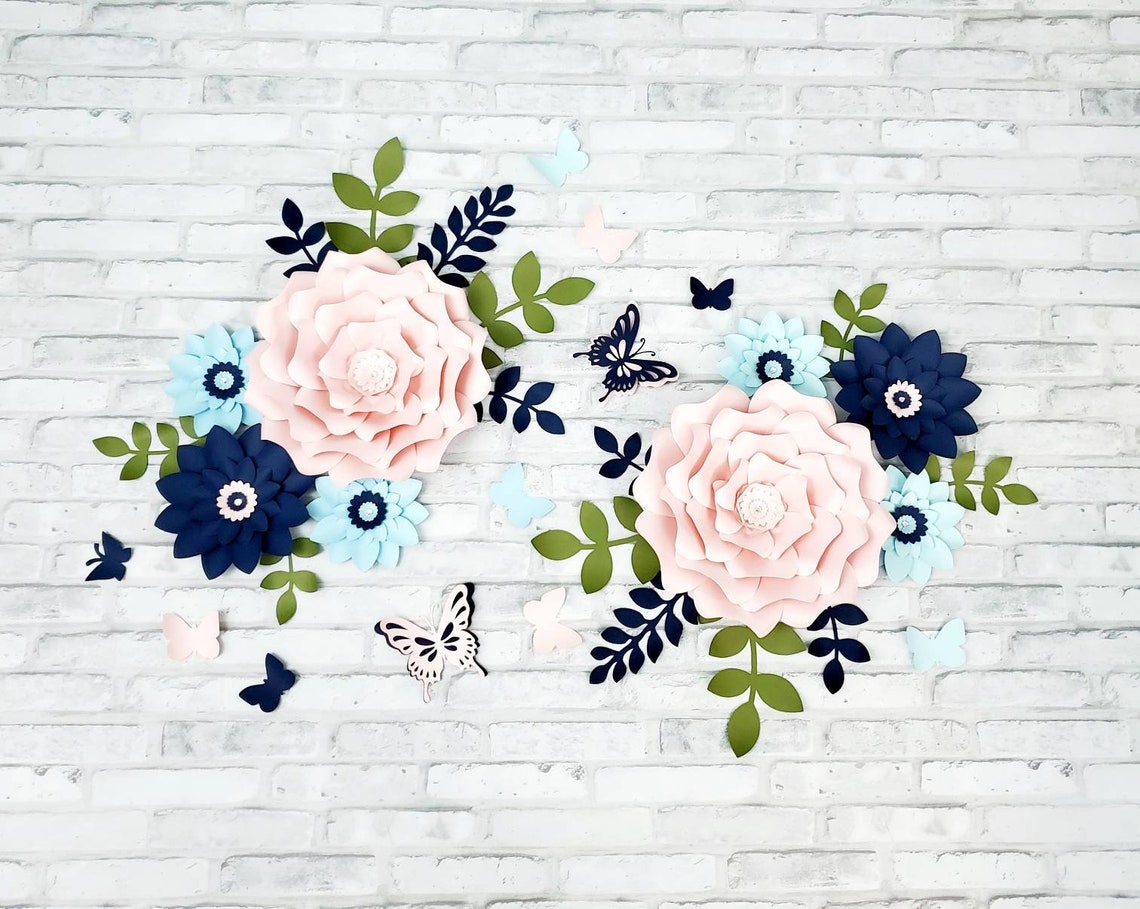 Eight Navy Blue and Pink Paper Flowers Wall Decor. Nursery | Etsy