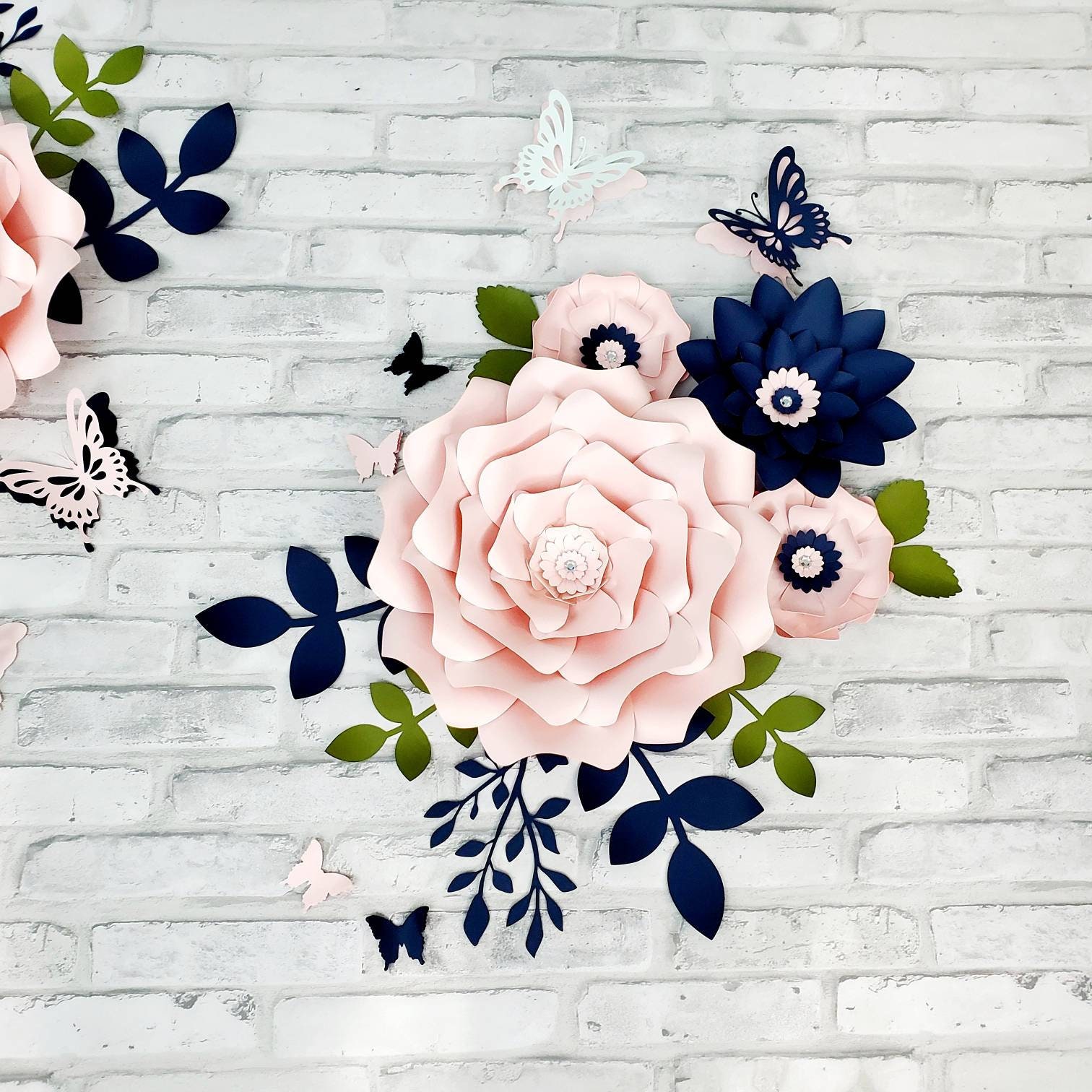 Eight Pink and Navy Flowers Wall Decor. Large Nursery Flowers. - Etsy