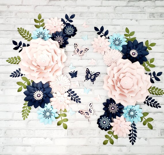 Navy Light Blue and Pink Paper Flowers Wall Decor. Girl | Etsy