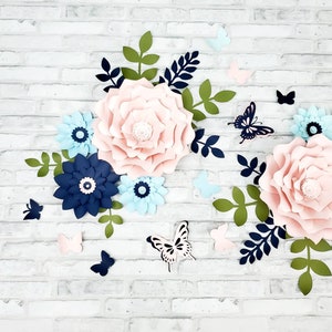 Eight Navy Blue and Pink Paper Flowers Wall Decor. Nursery | Etsy