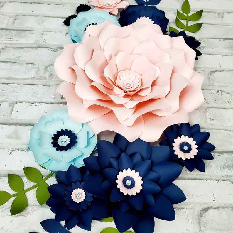 Navy Light Blue and Pink Paper Flowers Wall Decor. Large | Etsy