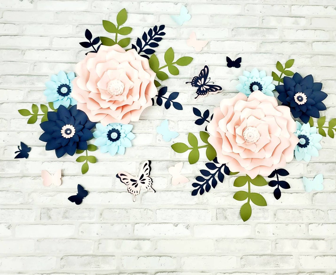 Eight Navy Blue and Pink Paper Flowers Wall Decor. Nursery | Etsy