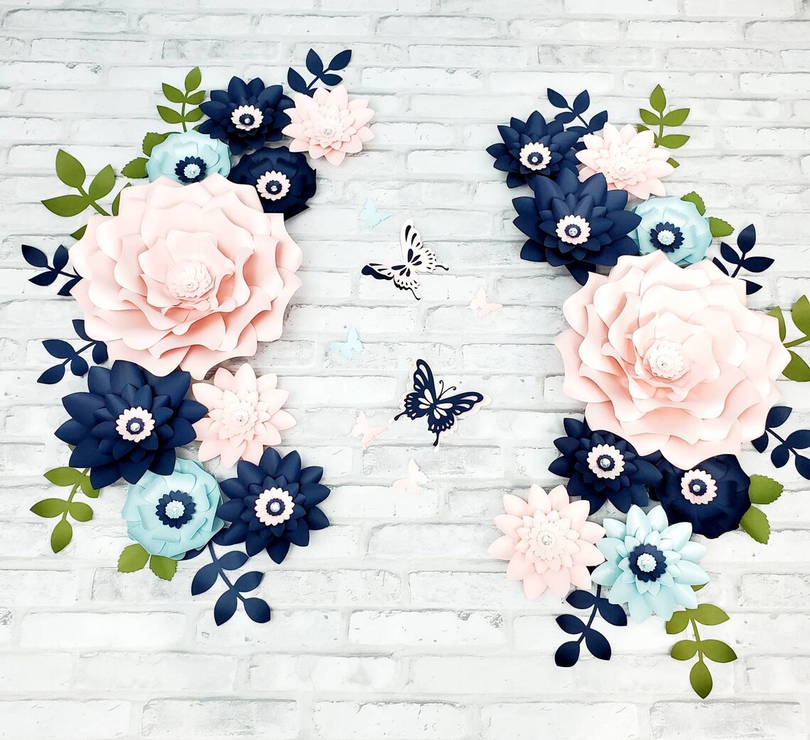 Navy Light Blue and Pink Paper Flowers Wall Decor. Girl | Etsy