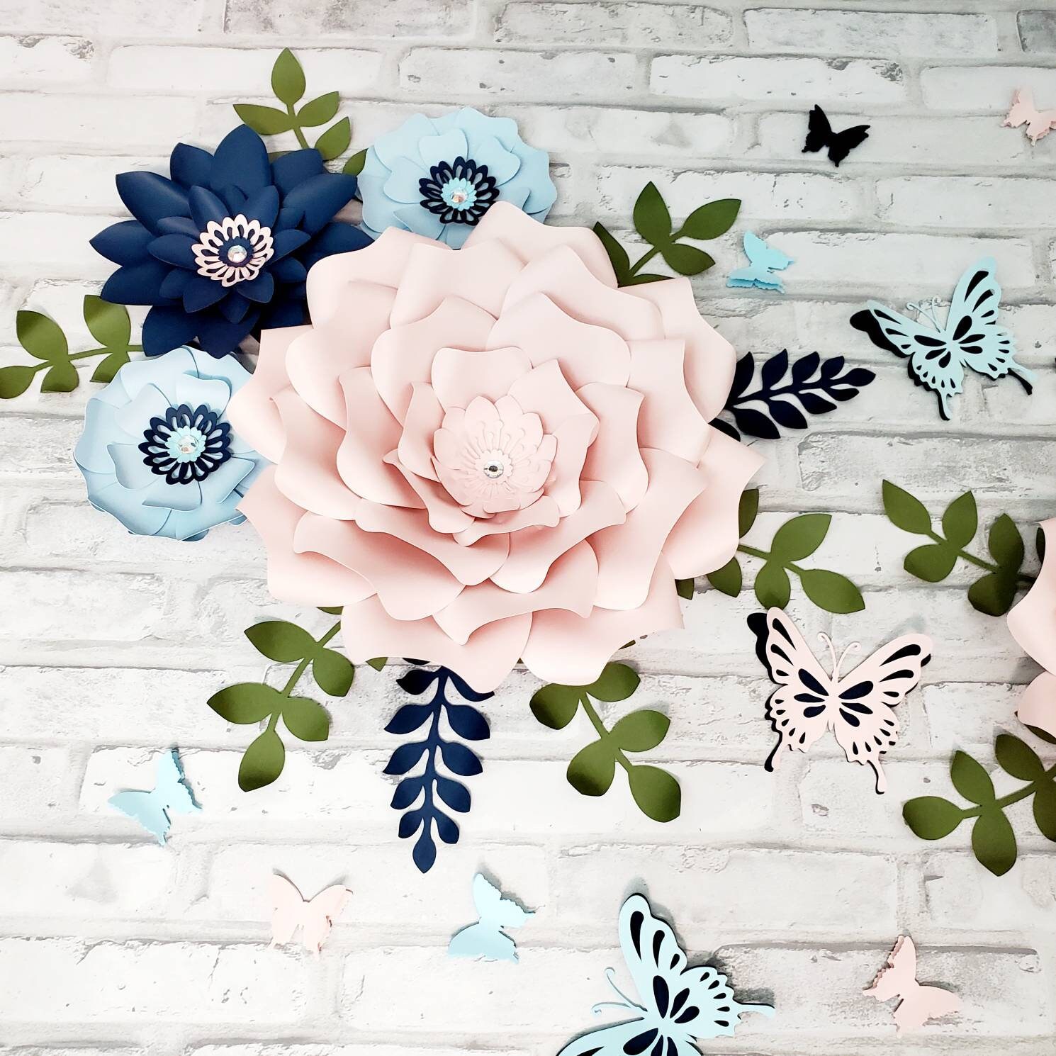 Eight Navy Blue and Pink Paper Flowers Wall Decor. Nursery - Etsy