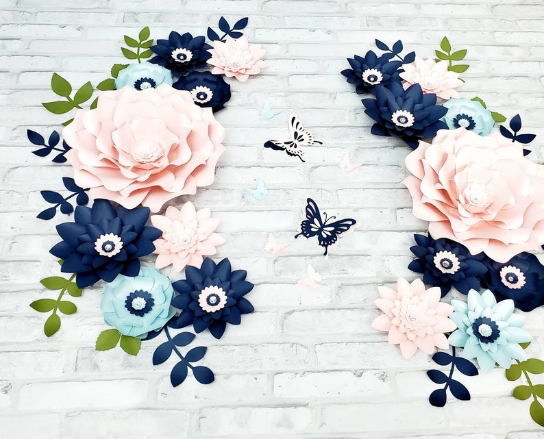 Navy Light Blue and Pink Paper Flowers Wall Decor. Large | Etsy