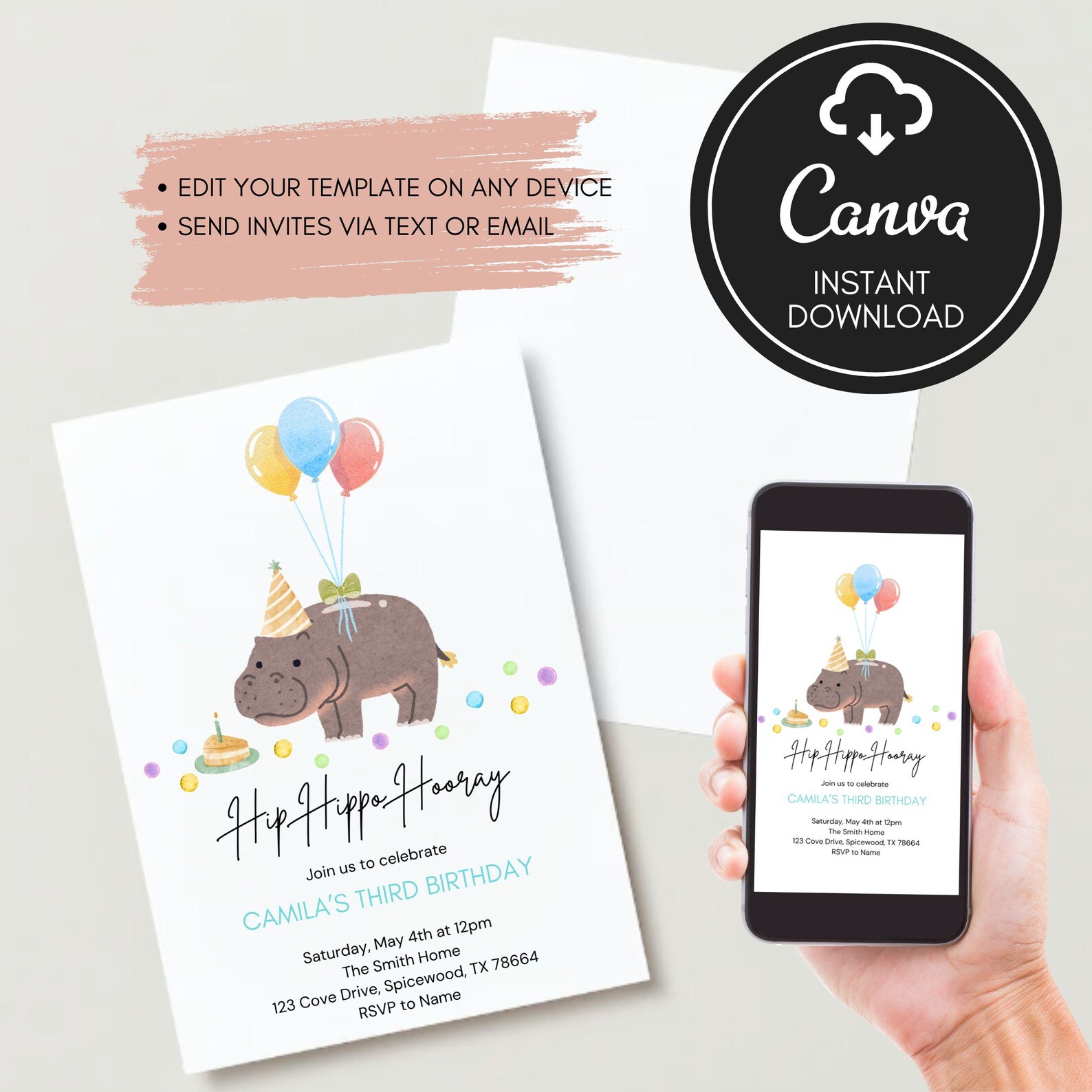 Editable Hippo Birthday Party Invitation, Hip Hippo Hooray, Hippo Party ...