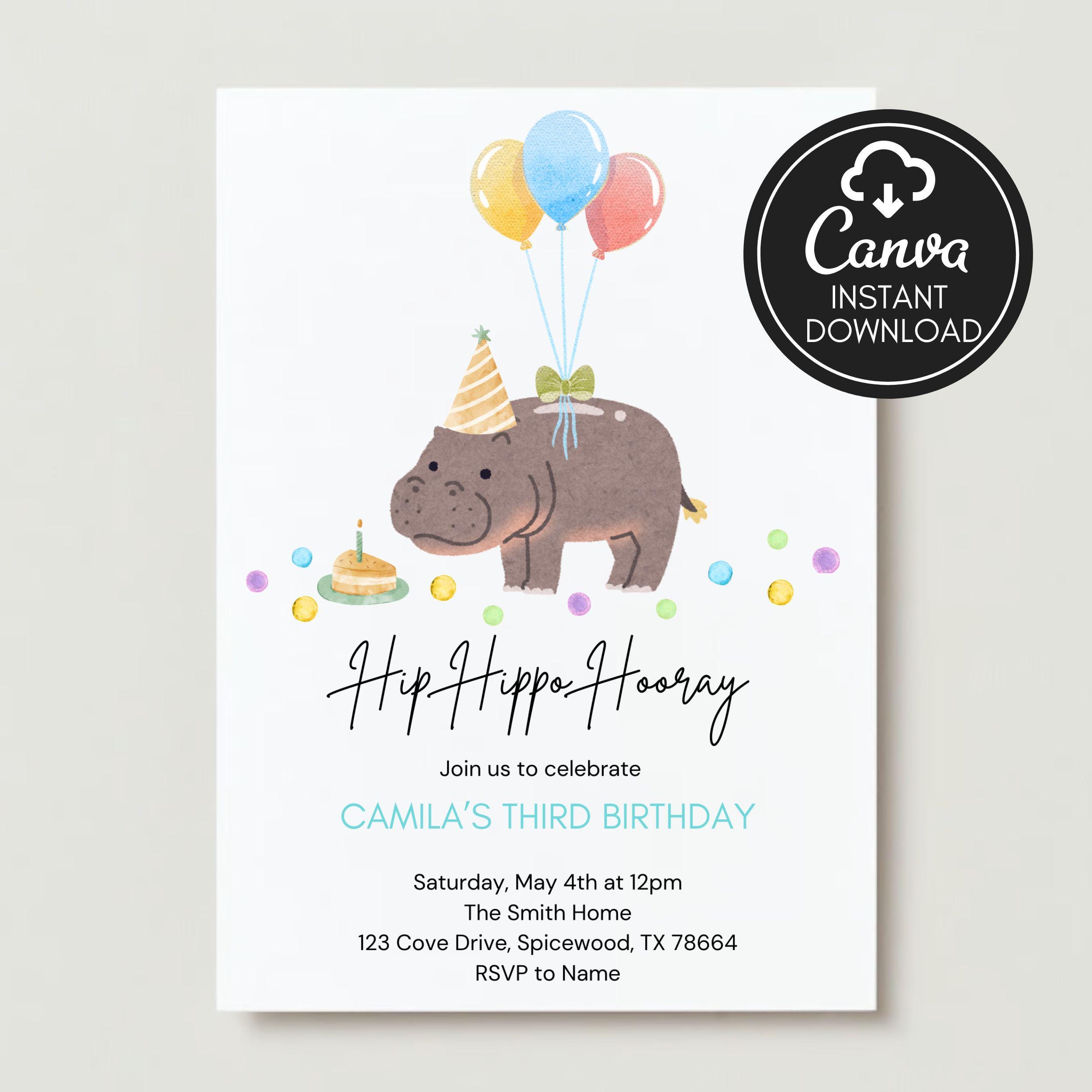 Editable Hippo Birthday Party Invitation, Hip Hippo Hooray, Hippo Party, Watercolor, Minimalist ...
