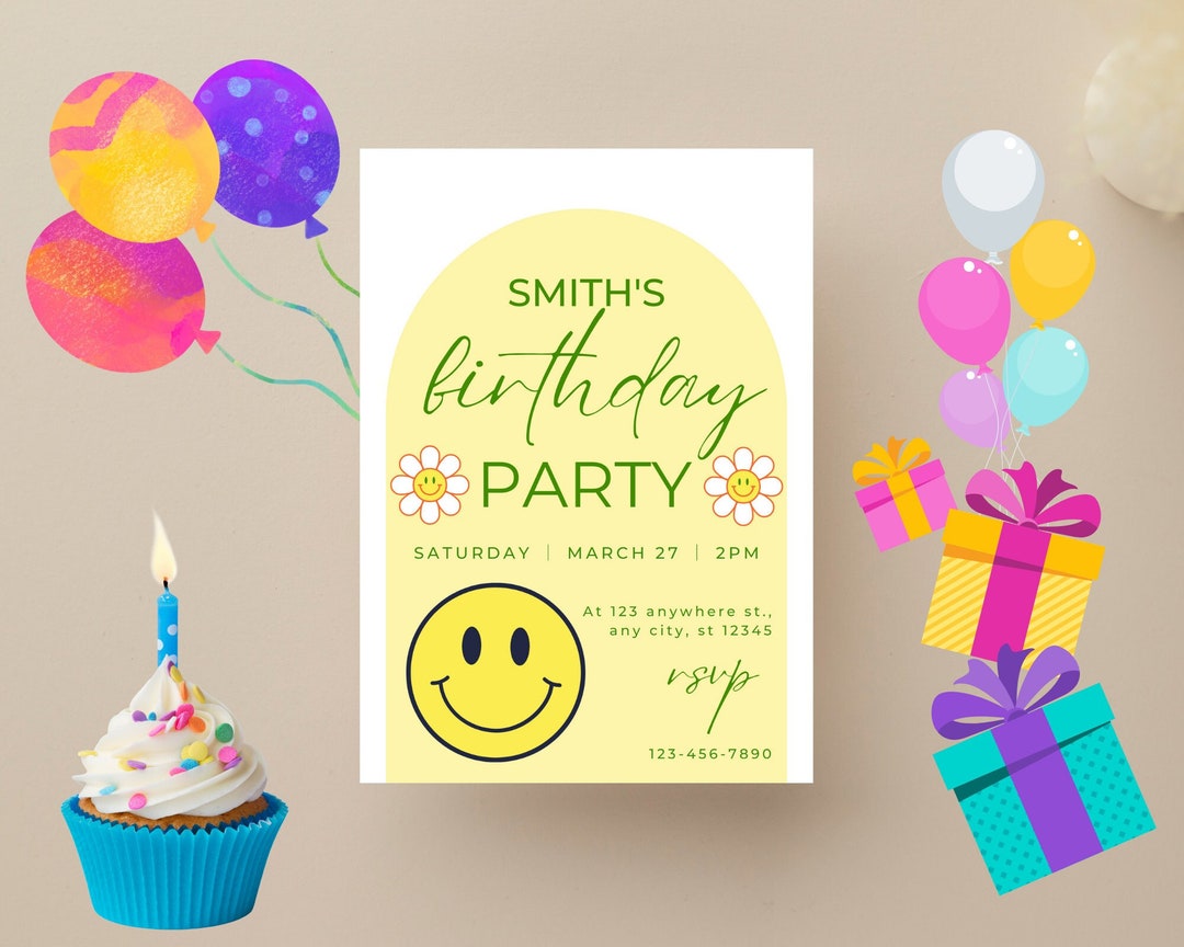 Yellow Smiley Face Emoji Cute Birthday Party Invitation Card Editable ...