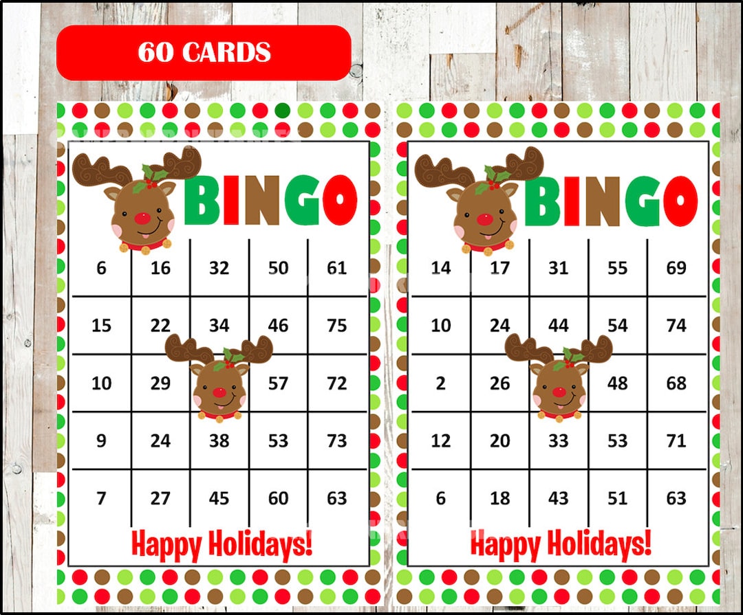 60 Rudolph Christmas Bingo Cards DIY Printable Game for Christmas Party ...