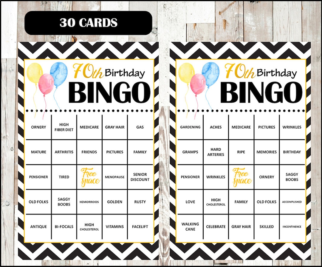 70th Birthday Party Bingo Game - 30 Different Cards - Old Age Theme ...