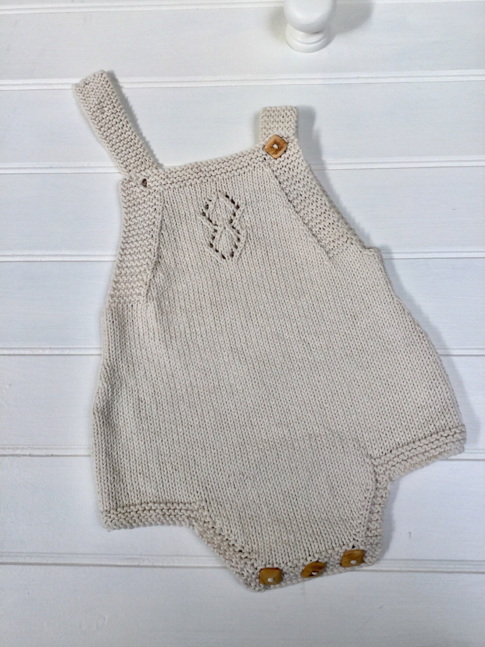 Hand Knit Cotton Baby Romper: Diamond Lace, Olive Wood Buttons - Etsy