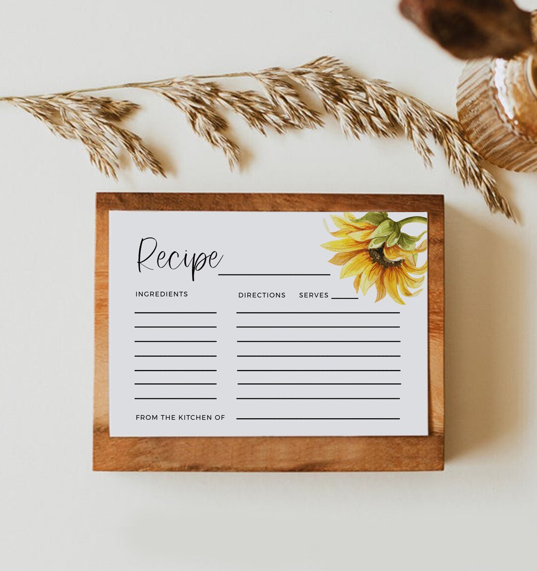 Sunflower Recipe Card Template, Printable Bridal Shower Recipe, Edit ...