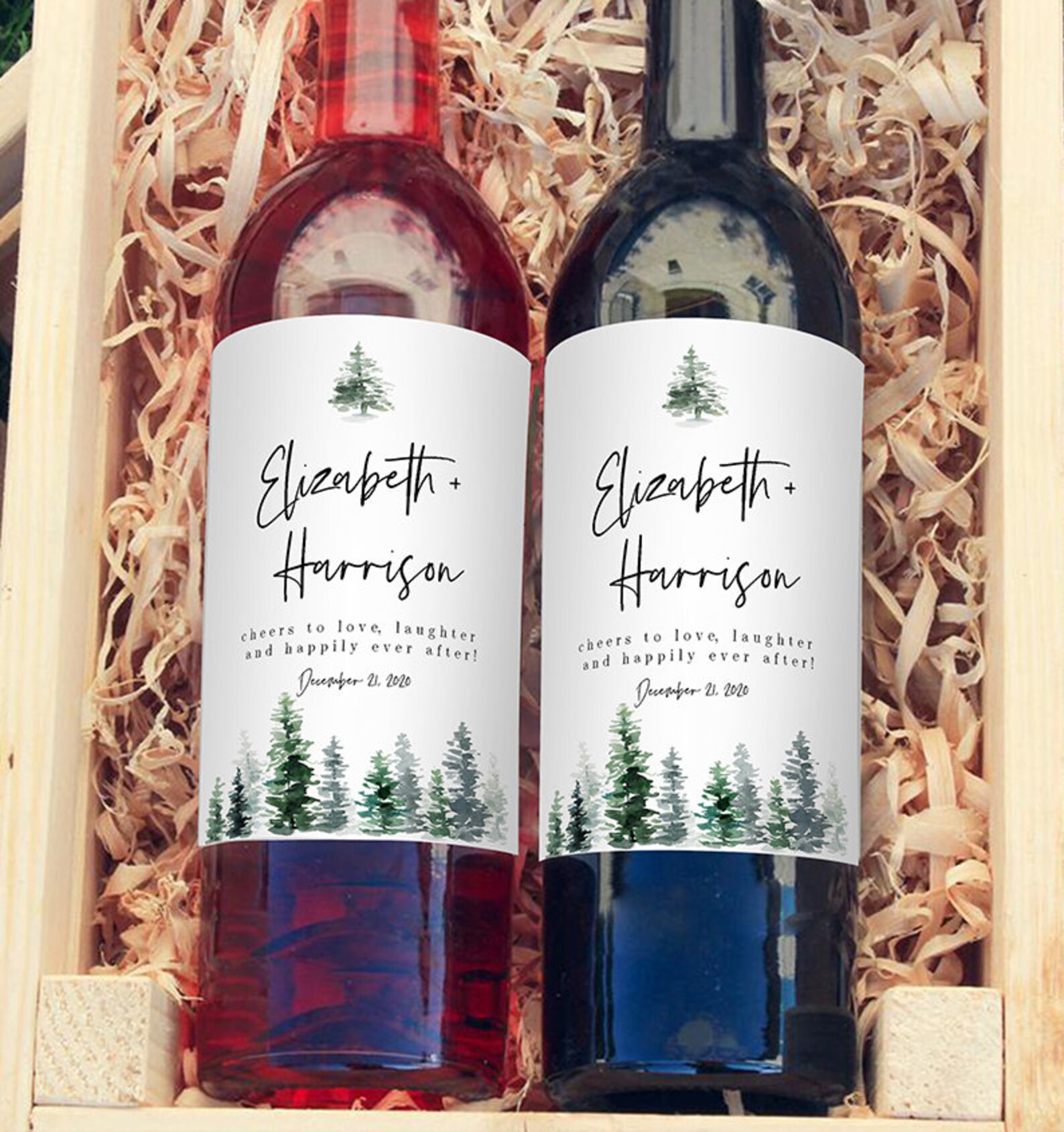 Pine Tree Wedding Wine Labels: Personalized Forest Design (editable ...