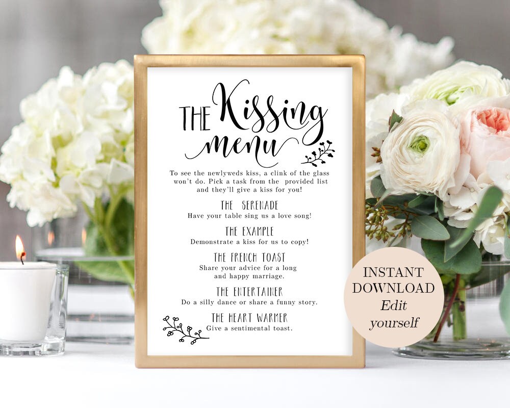 Templett Kissing Menu INSTANT DOWNLOAD Wedding Kisses Game Wedding Menu ...