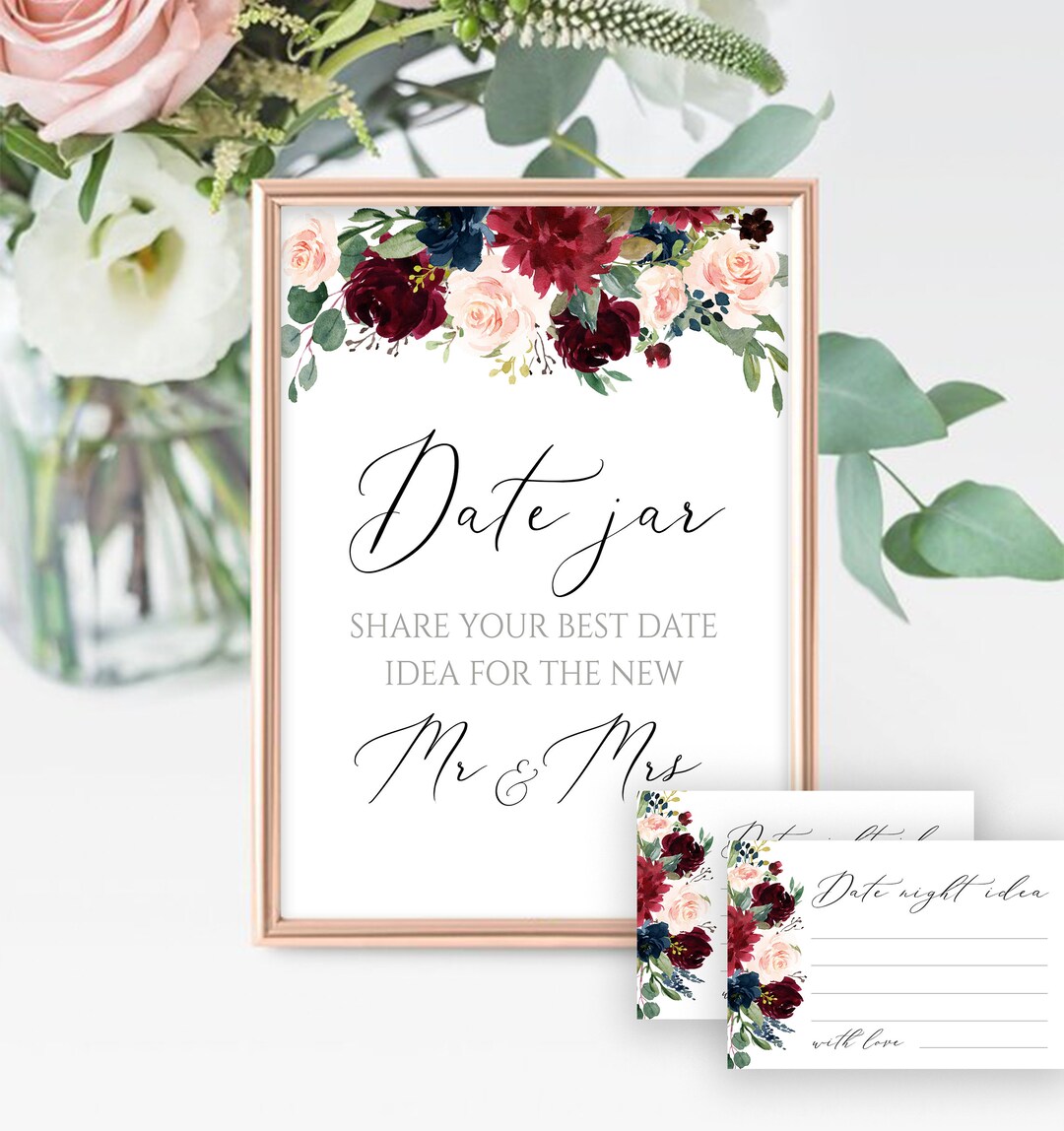 Burgundy Floral Date Night Jar Sign and Cards (printable, Digital ...
