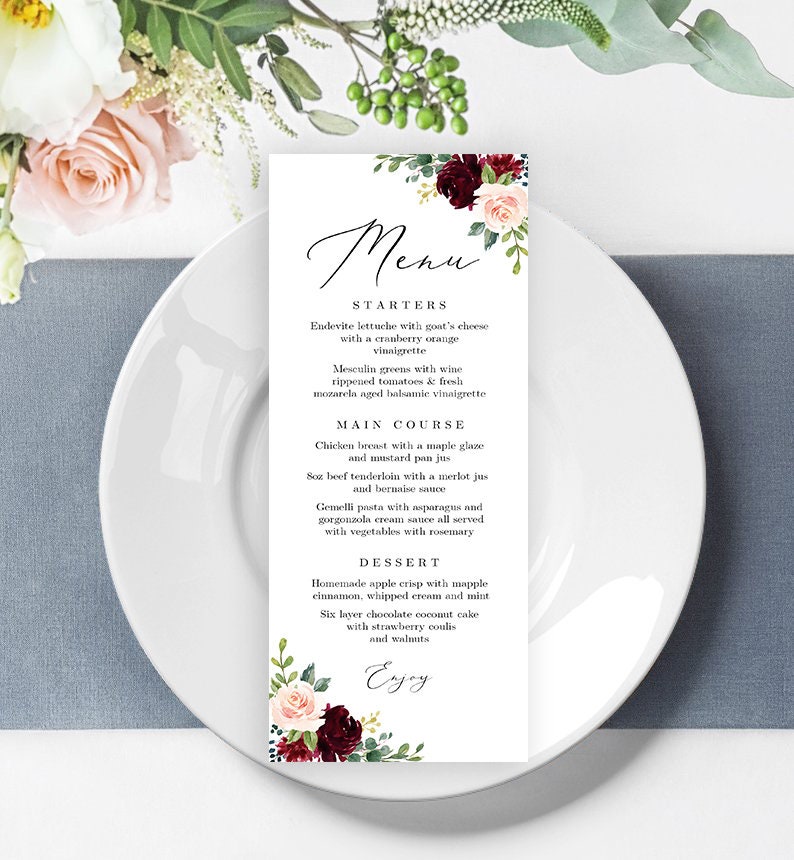 Wedding Menu Cards Wedding Dinner Menu Card Template Fully | Etsy