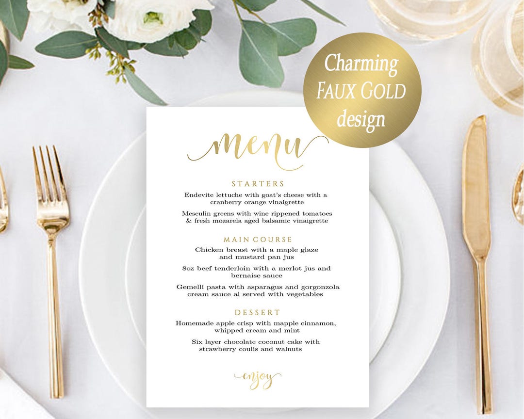 Printable Wedding Menu Template Printable Faux Gold Design DIY Wedding ...