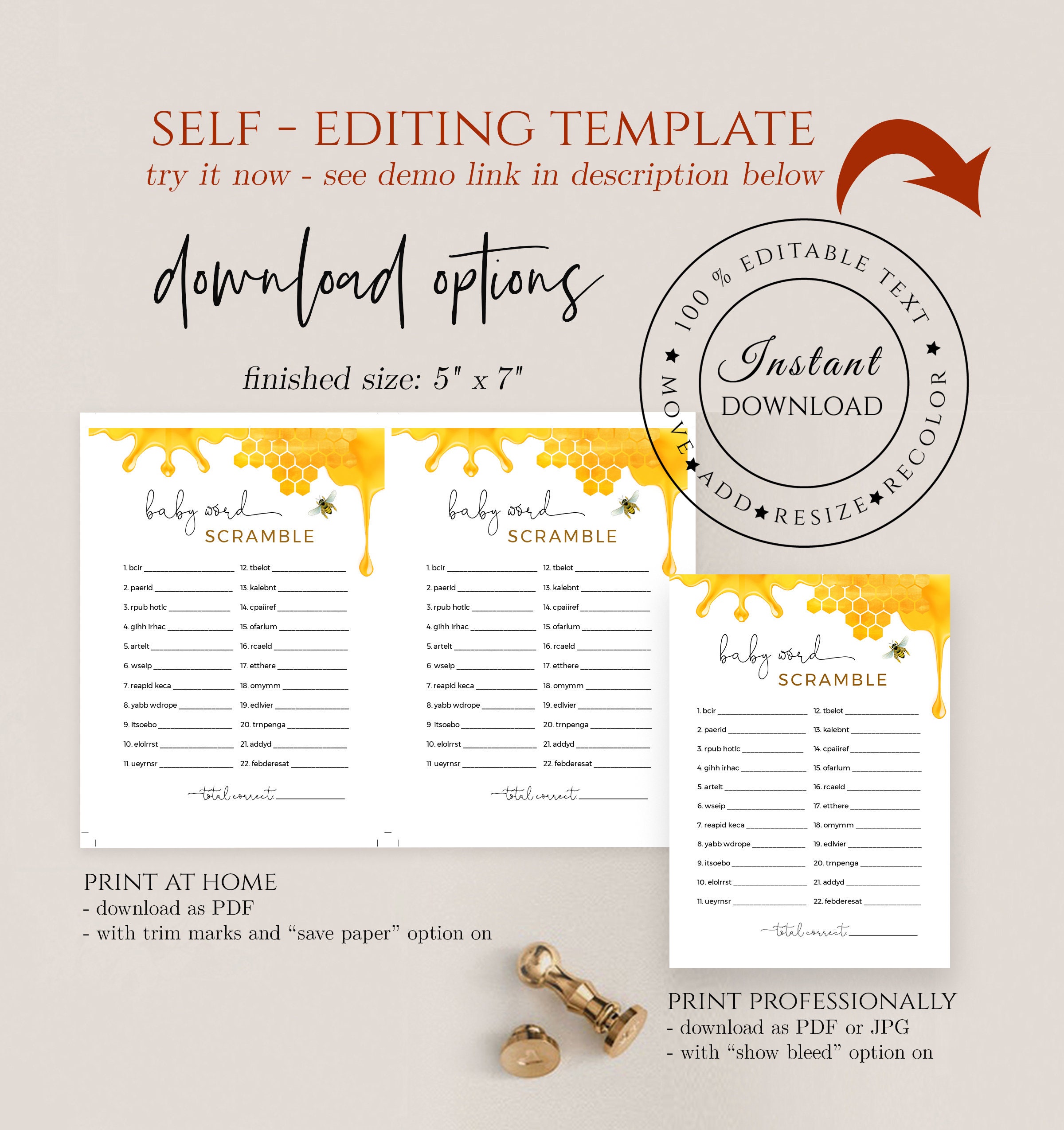 Bee Baby Word Scramble Game Printable + Virtual, Editable Template ...