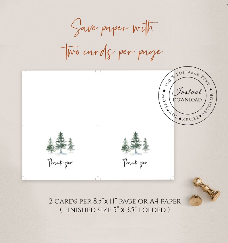 Pine Tree Wedding Thank You Card Template Instant Download - Etsy
