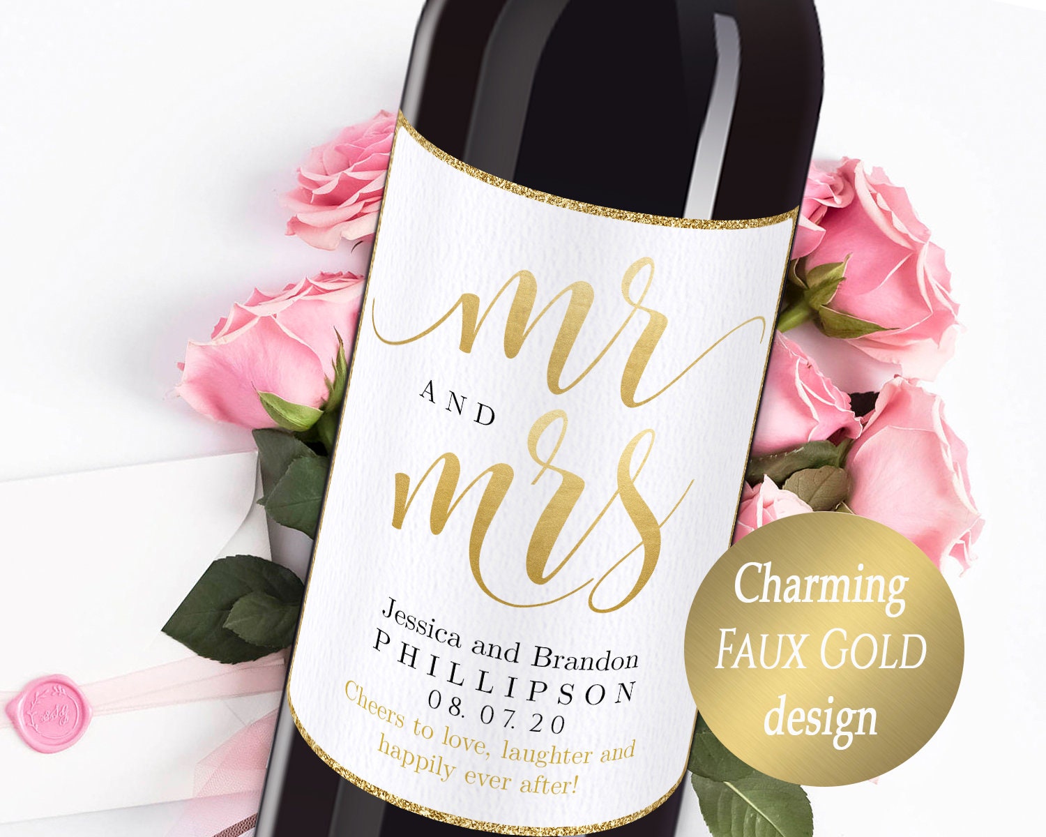 DIY Wedding Wine Labels Wine Bottle Label Faux Gold Design Etsy