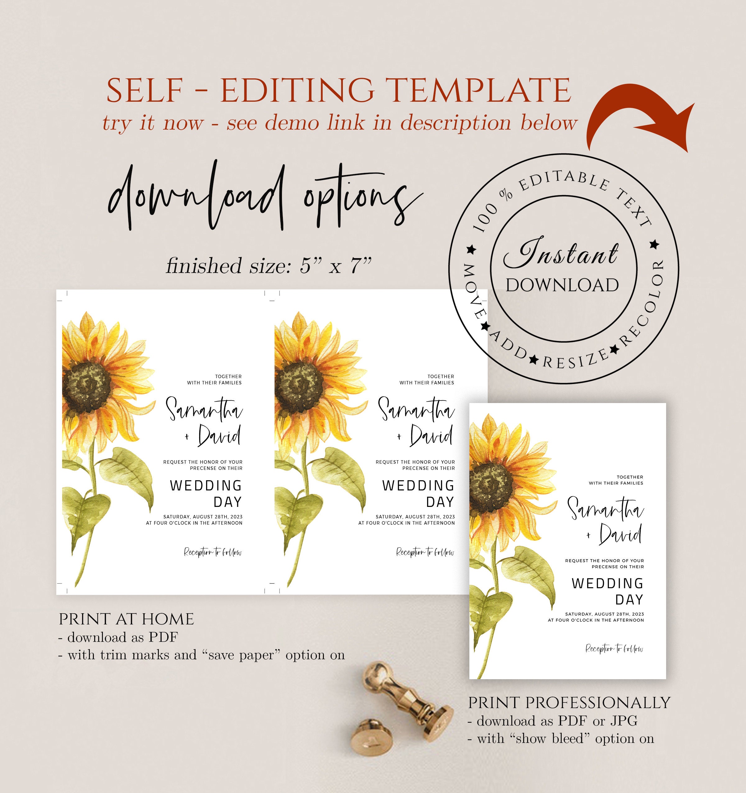 Sunflower Wedding Invitation Template Printable Wedding - Etsy