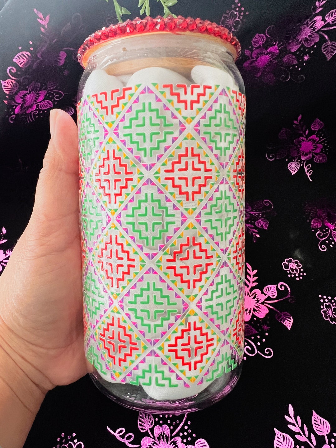 16 Oz Glass Can Hmong Cloth UV Cup - Etsy