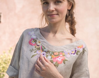 Dressy Linen Long Sleeve Top Peasant Style Blouse With Hand - Etsy