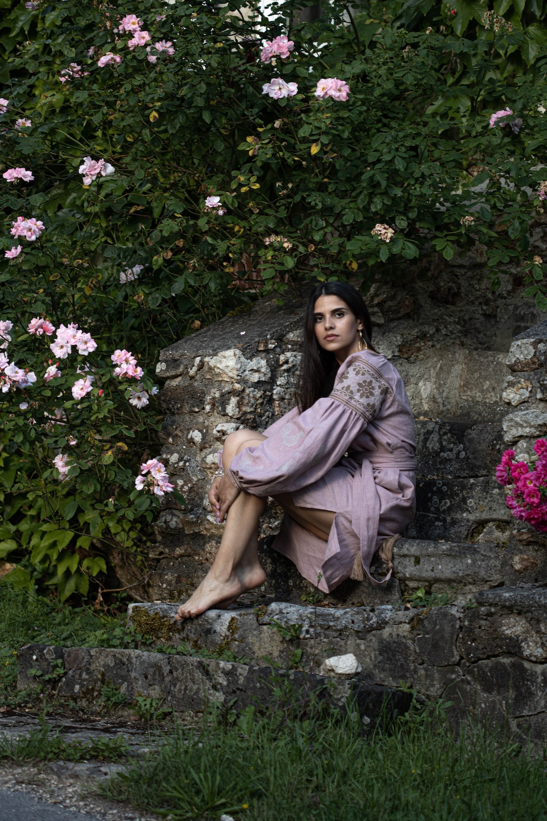 Linen Midi Embroidered Dress COCOTTE, Balloon Sleeve Dress in Linen ...