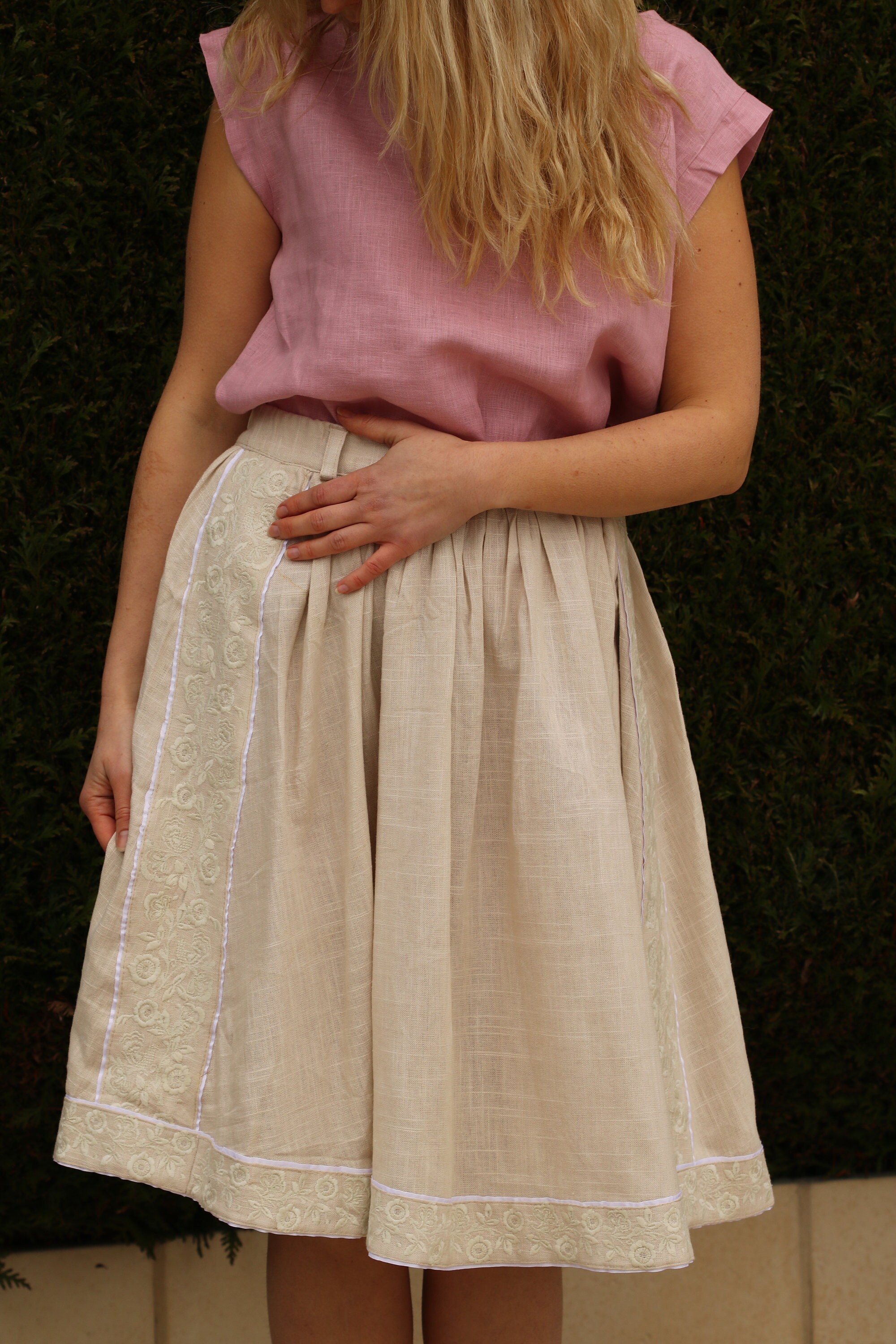 Linen Romantic Embroidery Skirt, Linen Boho Midi Skirt, Flared Midi ...
